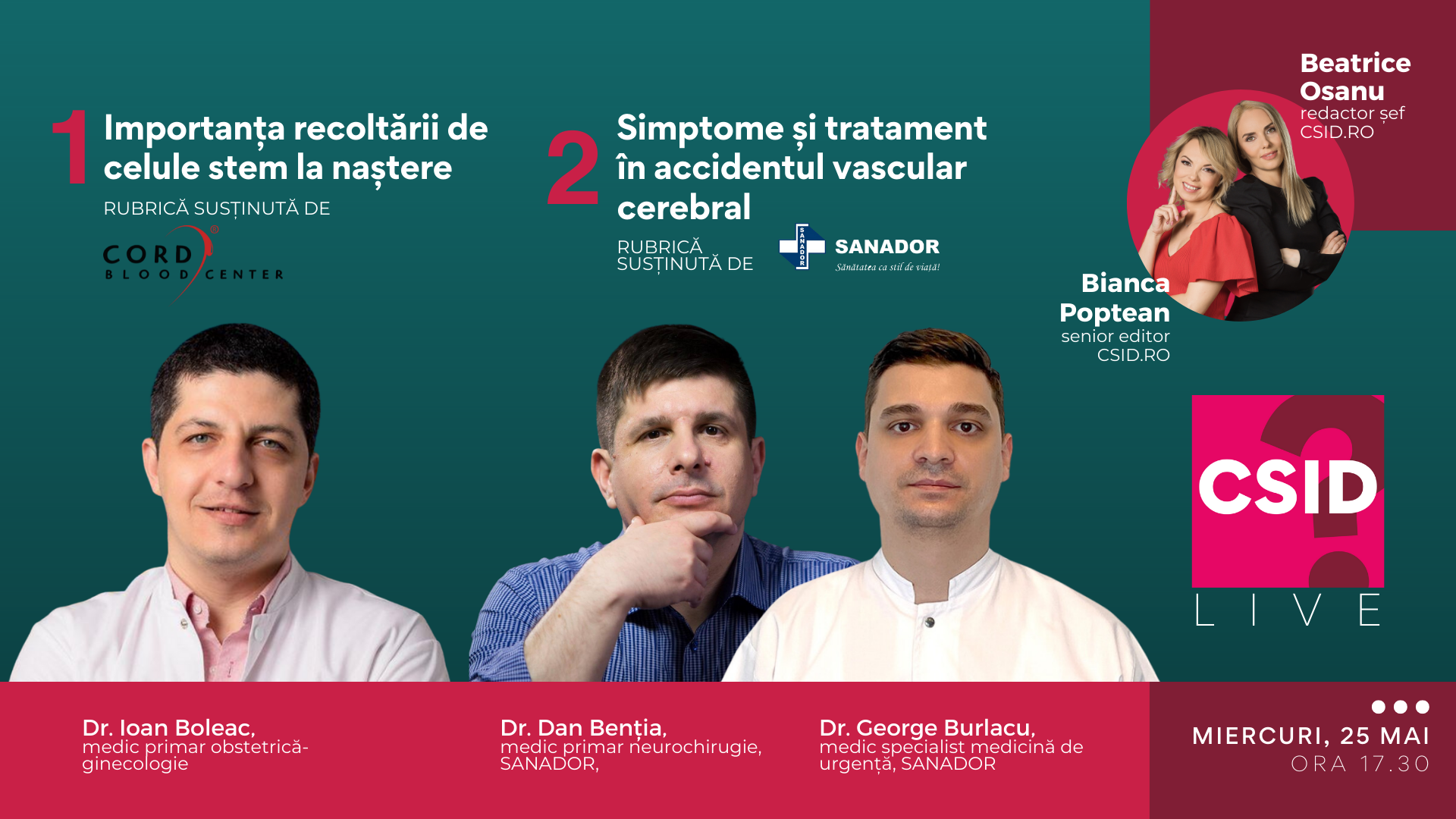 CSID.RO Live, 25 mai, 17.30: importanța recoltării de celule stem la ...