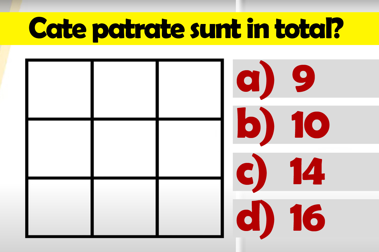 TEST IQ exclusiv pentru genii | Câte pătrate sunt în total: 9, 10, 14 ...