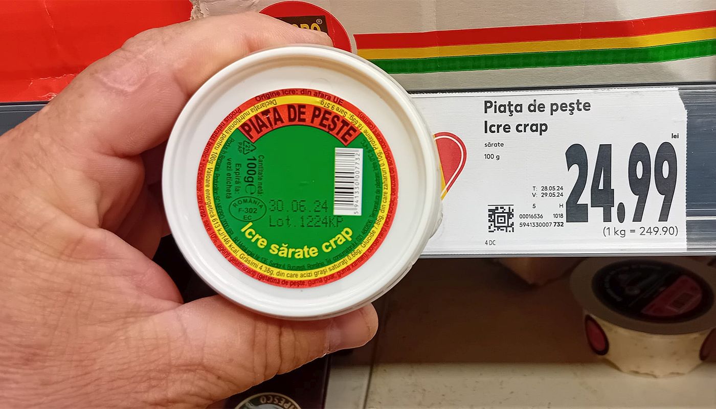 Ireal ce conține, de fapt, o cutiuță icre de crap din Kaufland București. 100g costă 25 de lei!